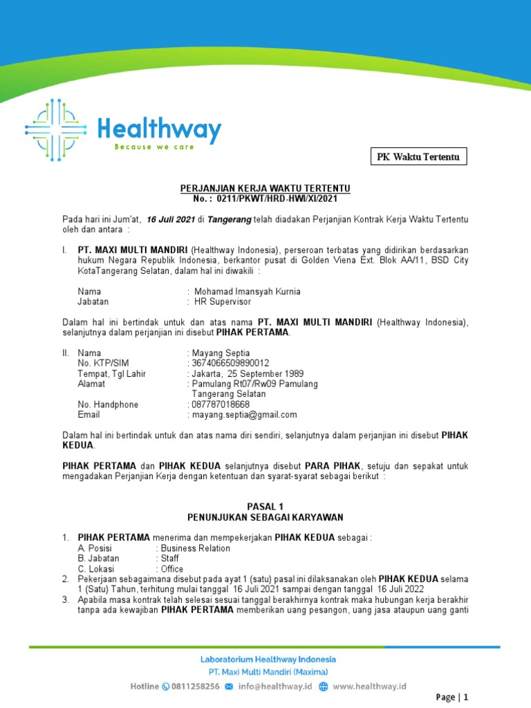 Draft PKWT | PDF | Pengelolaan Keuangan & Uang | Hukum