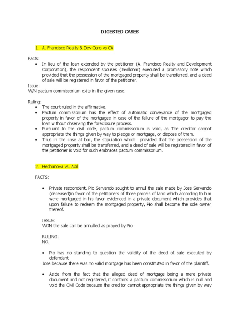 Analysis of Digested Cases on Pactum Commissorium and Mortgage ...