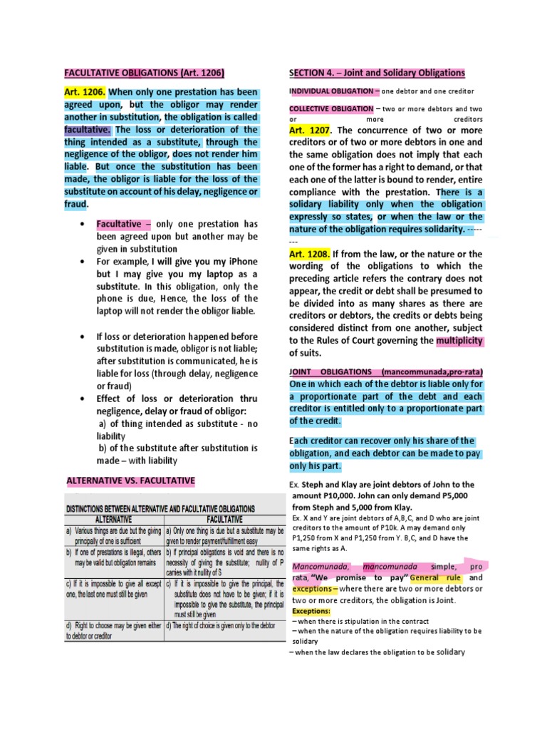 Facultative, Joint, and Solidary Obligations | PDF | Debtor | Payments