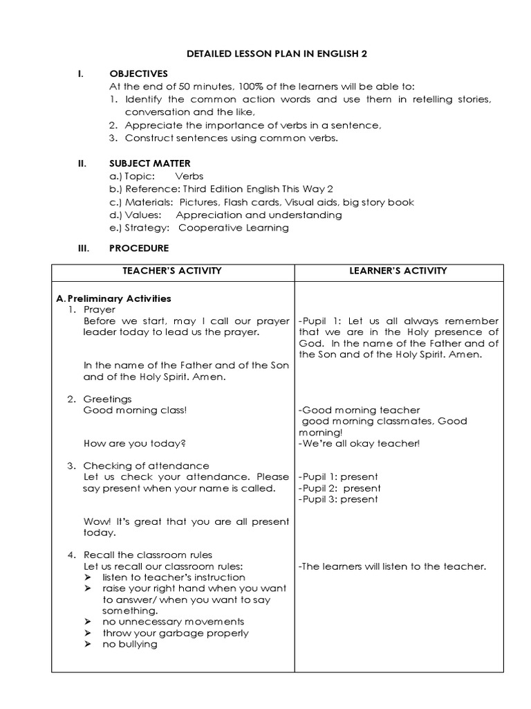 Learn Verbs In English Pdf Learning Lesson Plan