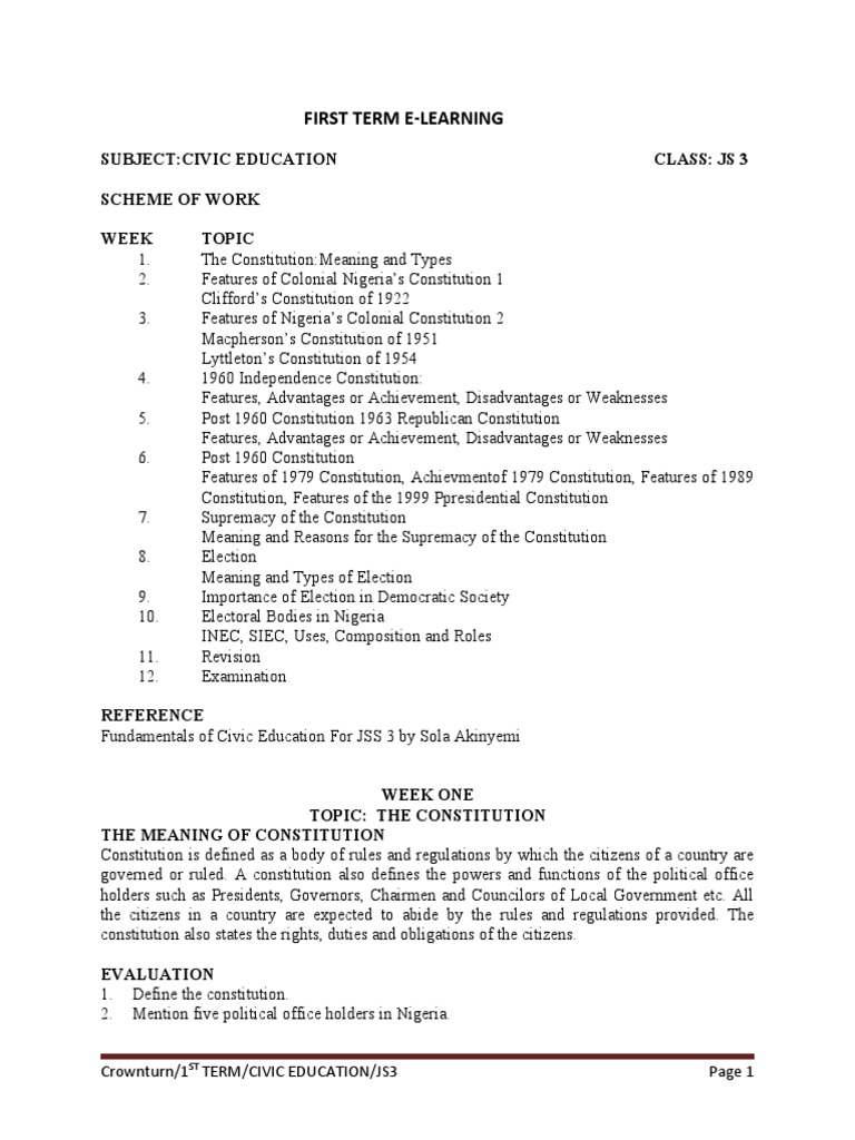 1ST Term .JSS3 Civic Education | PDF | Elections | Constitution