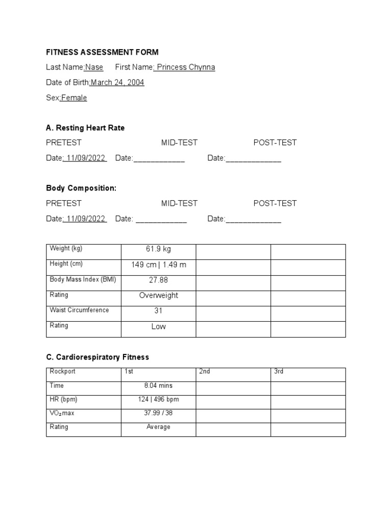 Fitness Assessment Form | PDF | Wellness