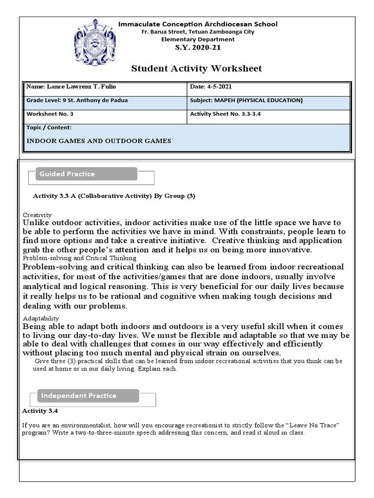 (PE) Activity-Sheet-9-4th-Quarter | PDF | Critical Thinking | Thought