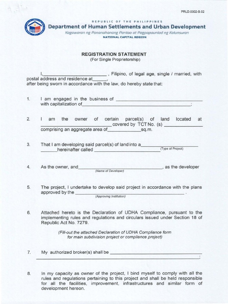 Registration Statement (For Single Proprietor) | PDF | Government | Justice