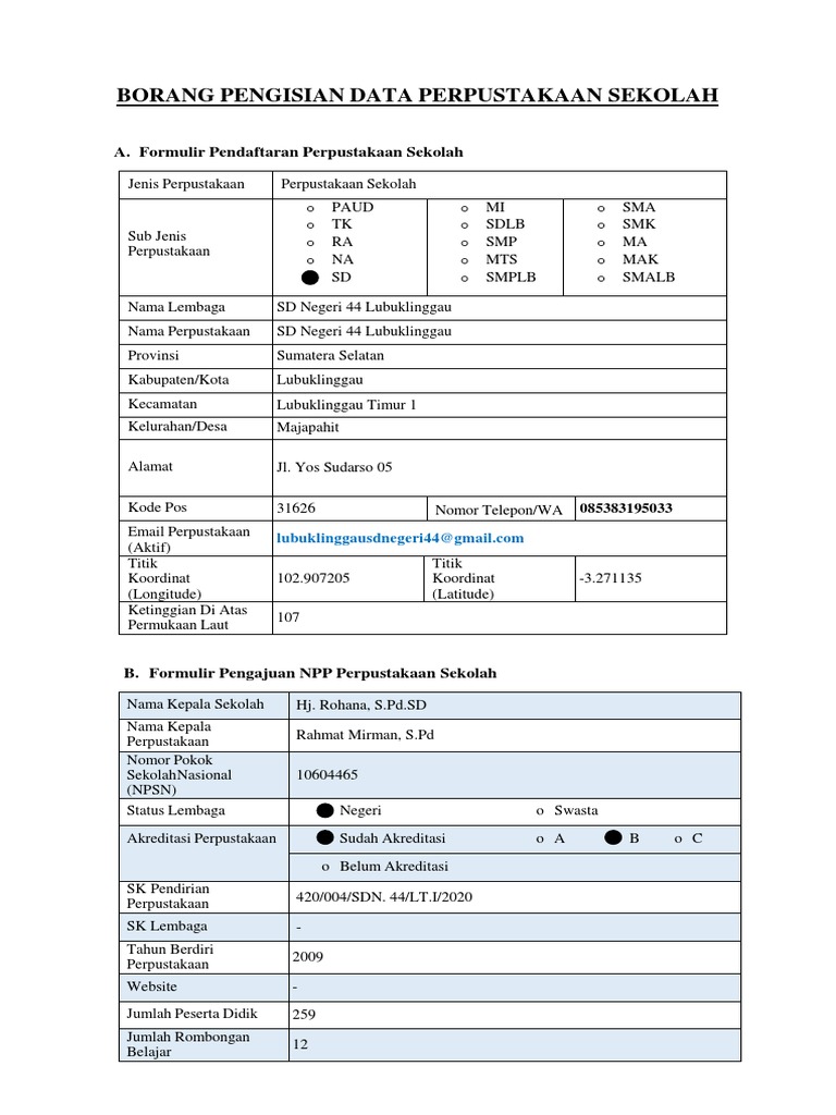 Borang Perpustakaan SDN 44 LLG | PDF