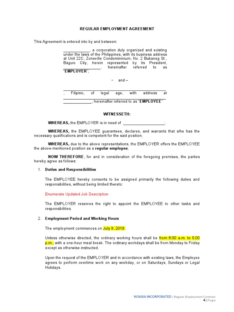 Regular Employment Agreement Outlines Key Terms of Employment Including ...
