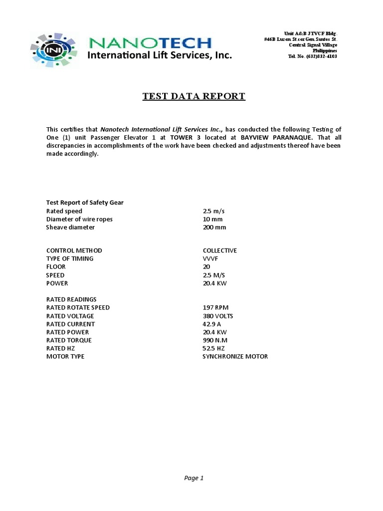 TEST DATA REPORT Updated Bayview | PDF | Electric Motor | Elevator