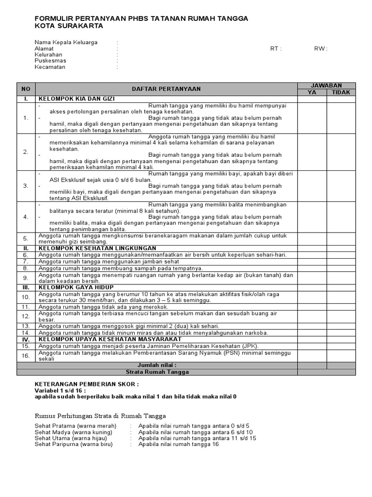Formulir Pertanyaan PHBS Tatanan Rumah Tangga | PDF