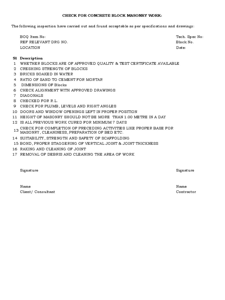 Check List - Masonry Work - CC Blocks | PDF