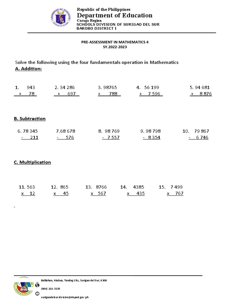 Grade 4 - Pre-Assessment-Math | PDF | Mathematics | Science