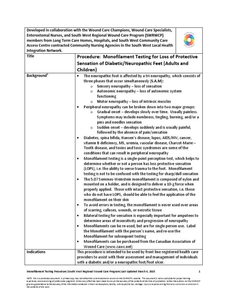 HCPR - Monofilament Testing Procedure | PDF | Peripheral Neuropathy ...