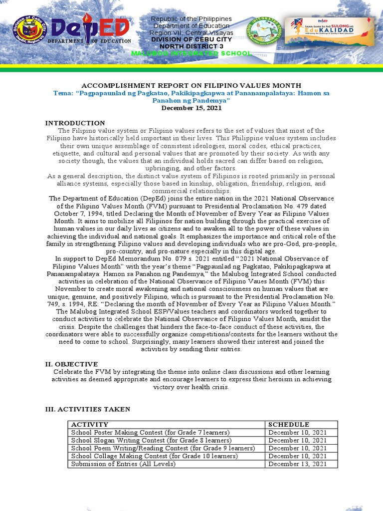 Malubog School Values Month Report | PDF | Social Institutions ...