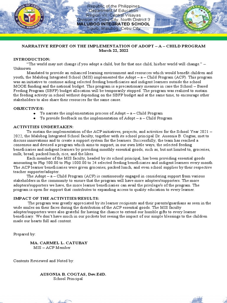 Adopt A Child Program Narrative | PDF