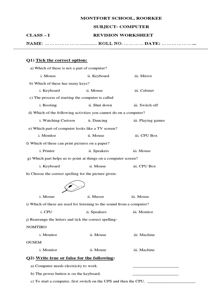 Computeer Revision Worksheet Class 1 | PDF | Computer Keyboard ...
