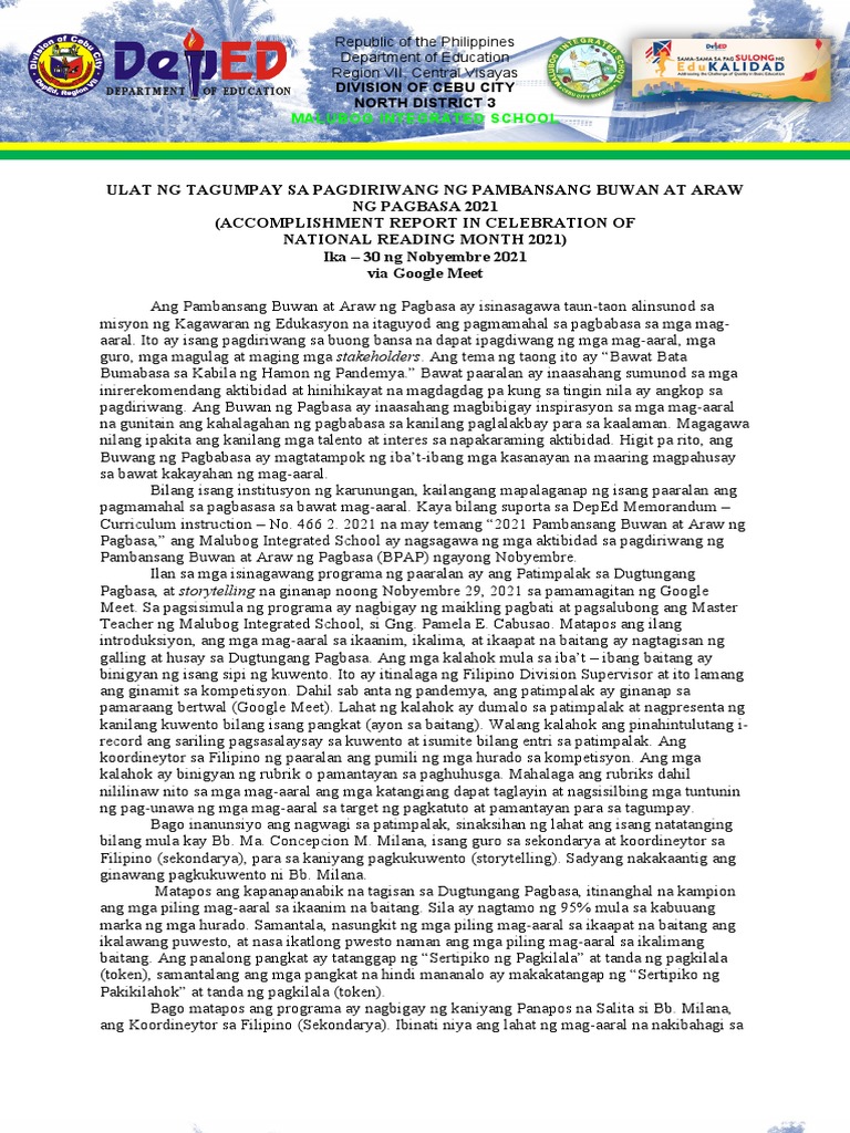 Malubog Is Accomplishment Report in National Reading Month Celebration ...