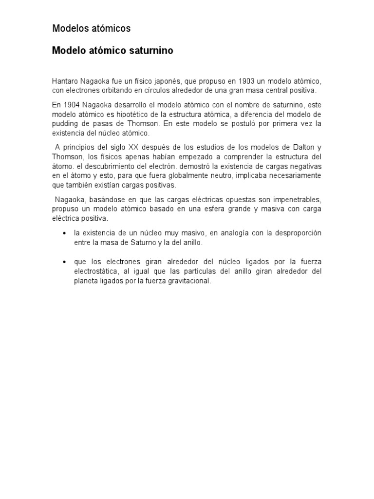 Modelo atómico de Nagaoka y Saturnino | PDF | Átomos | Núcleo atómico