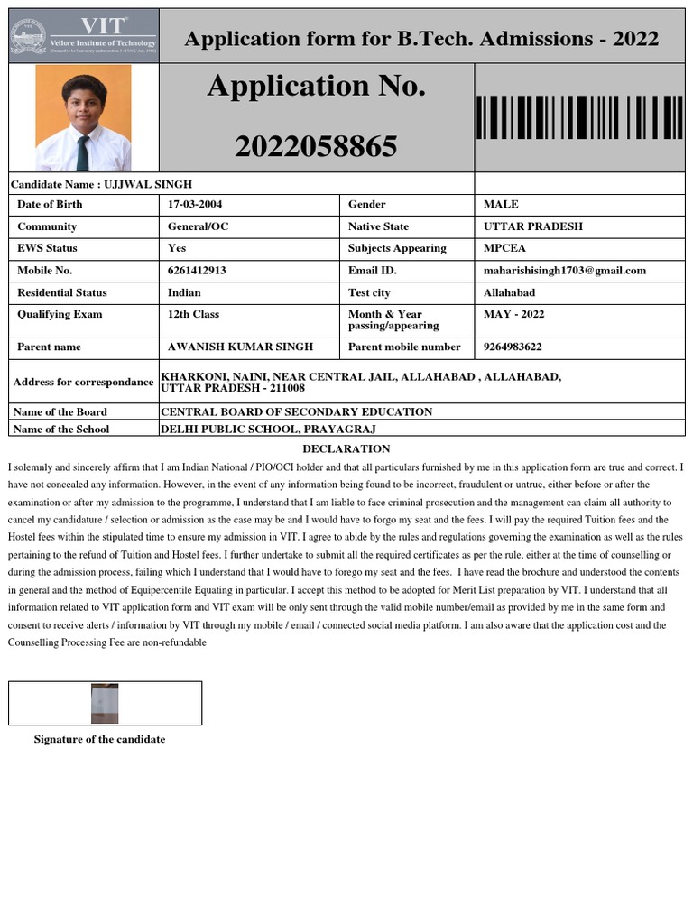 Ujjwal Application Form (Vit, Vellore) | PDF | Test (Assessment)