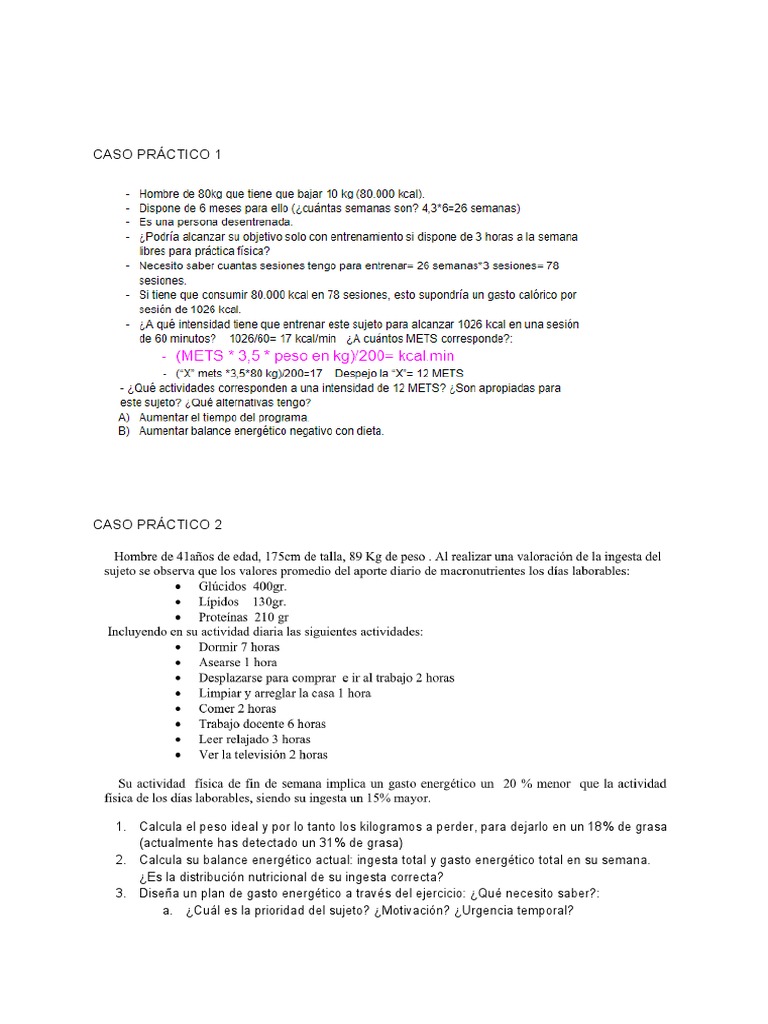 Resolución Caso Práctico Balances Energéticos | PDF | Dieta | Caloría