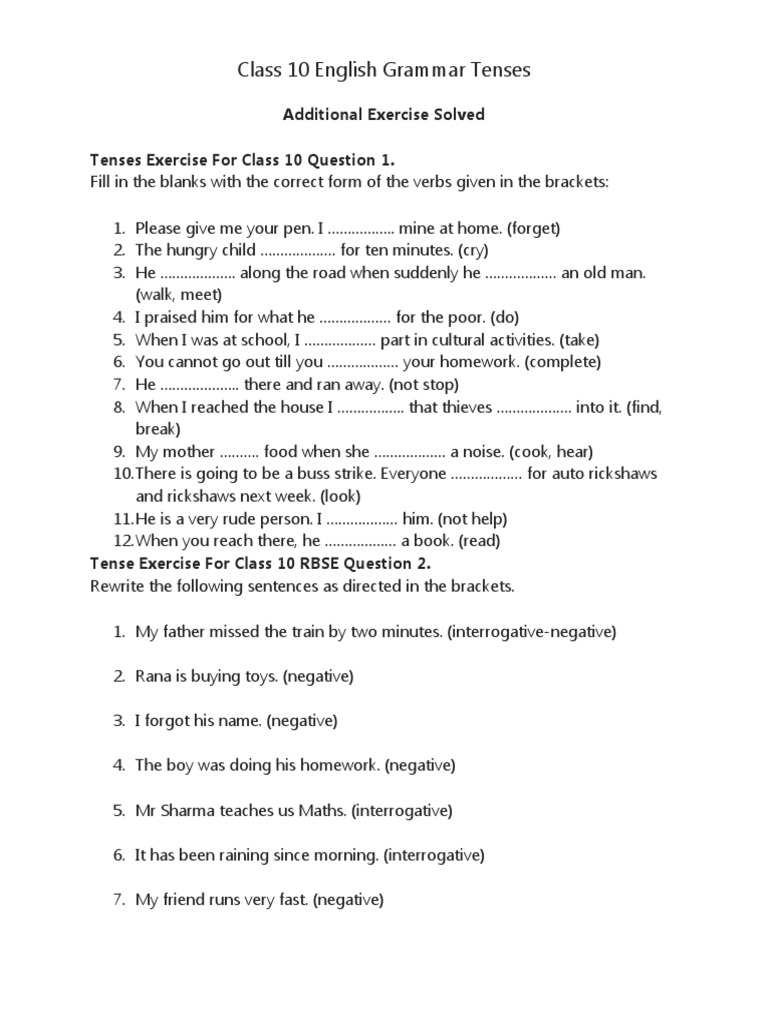 Class 10 English Grammar Tenses | PDF | Grammatical Tense | Grammar