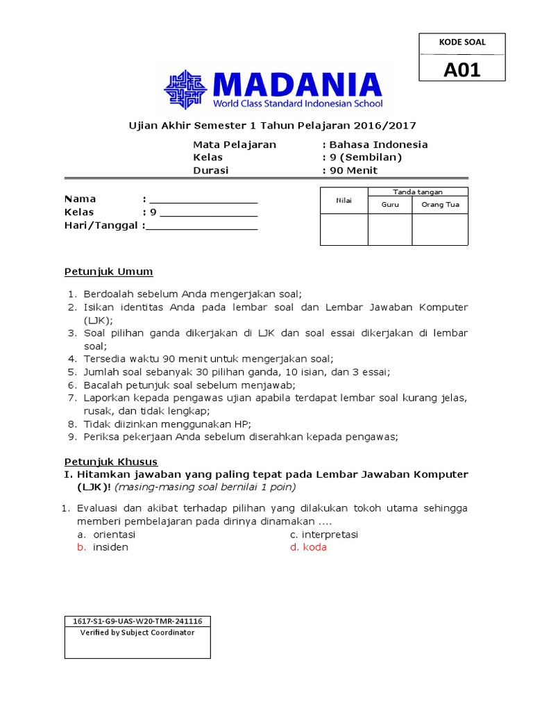 Soal UAS Bahasa Indonesia Semester 1 Grade 9 | PDF | Karier & Perkembangan | Seni & Disiplin Bahasa