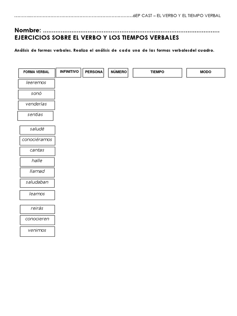 Cast El Verbo y Tiempos Verbales - Ejercicios | PDF | Verbo | Morfología