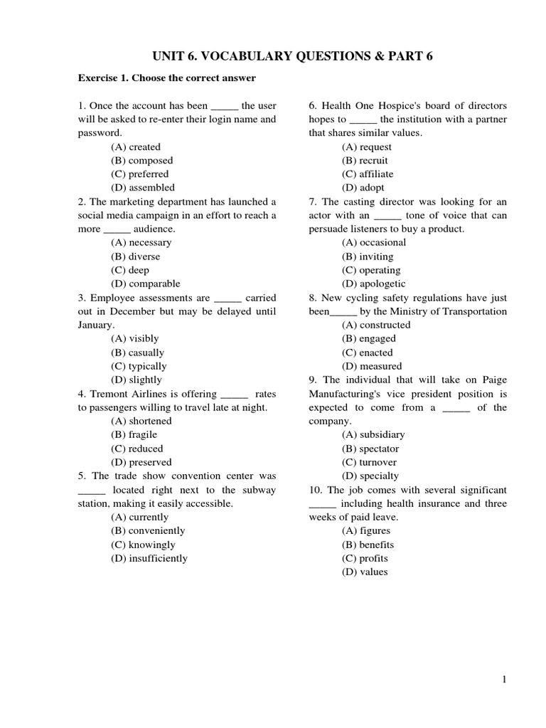 Reading - Unit 6. Vocabulary Questions & Part 6 | PDF | Menu | Internet ...