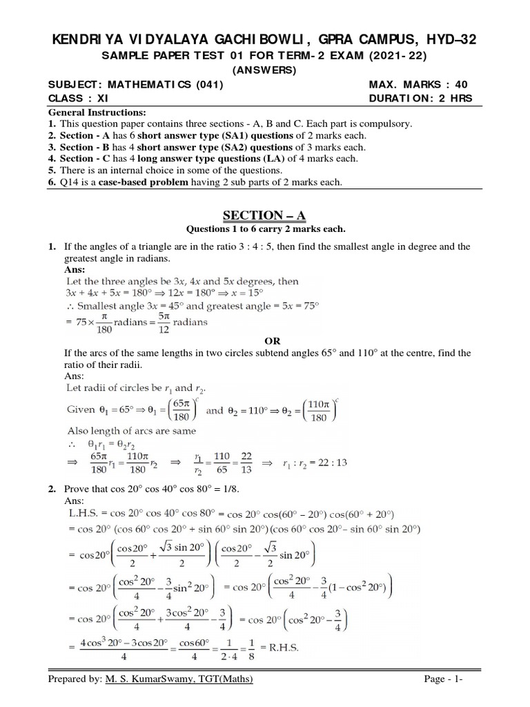 Analysis of a Mathematics Sample Paper for Class XI containing ...