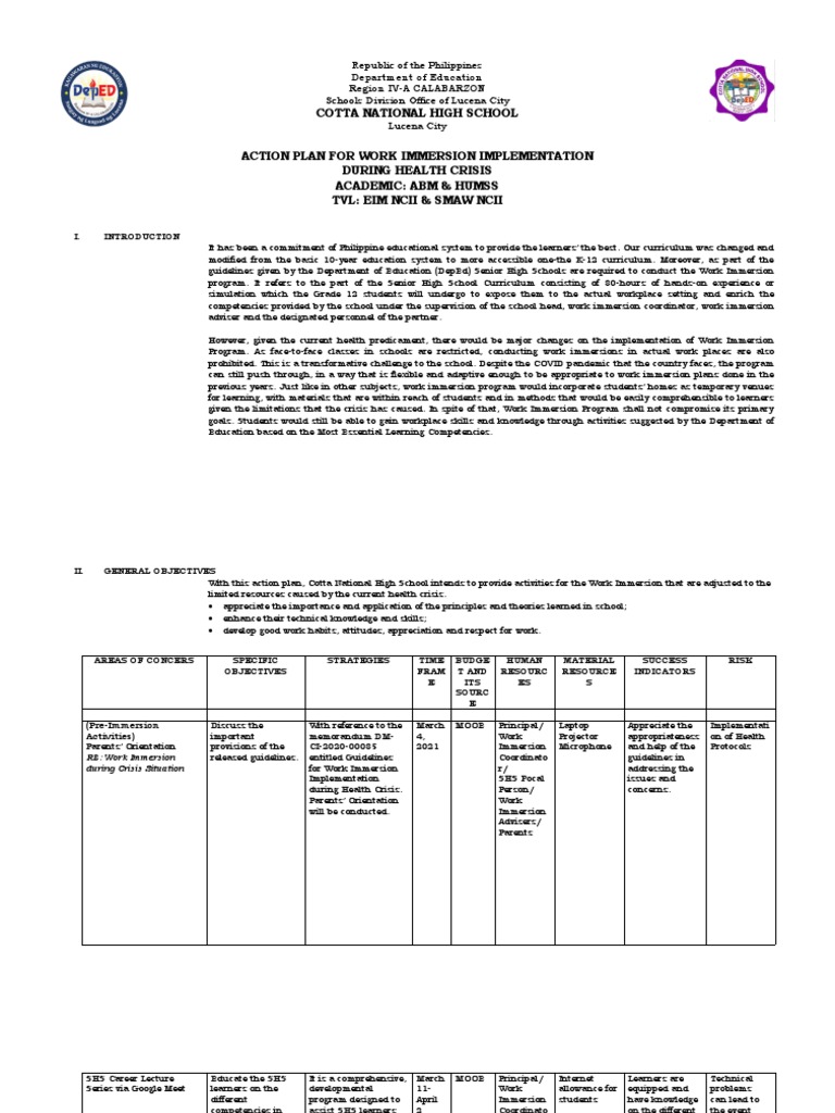 Work Immersion Action Plan 2021 | PDF