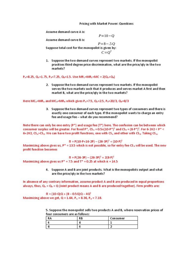 Pricing With Market Power Practice Questions | Download Free PDF ...
