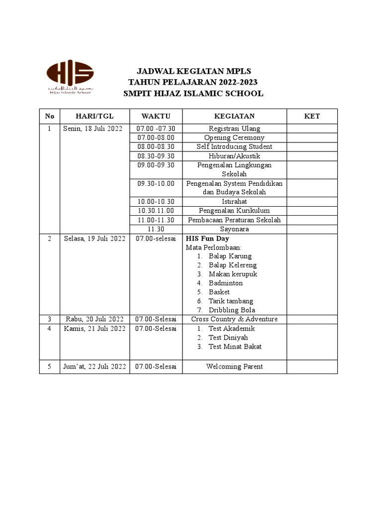 Jadwal Kegiatan MPLS | PDF