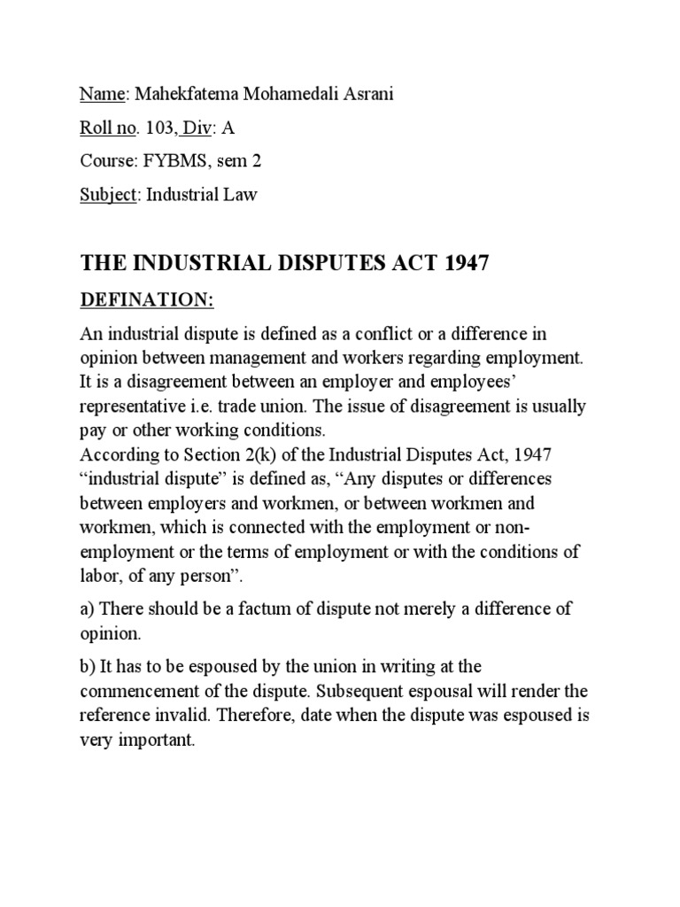 THE INDUSTRIAL DISPUTES ACT 1947 Word | PDF | Tribunal | Strike Action