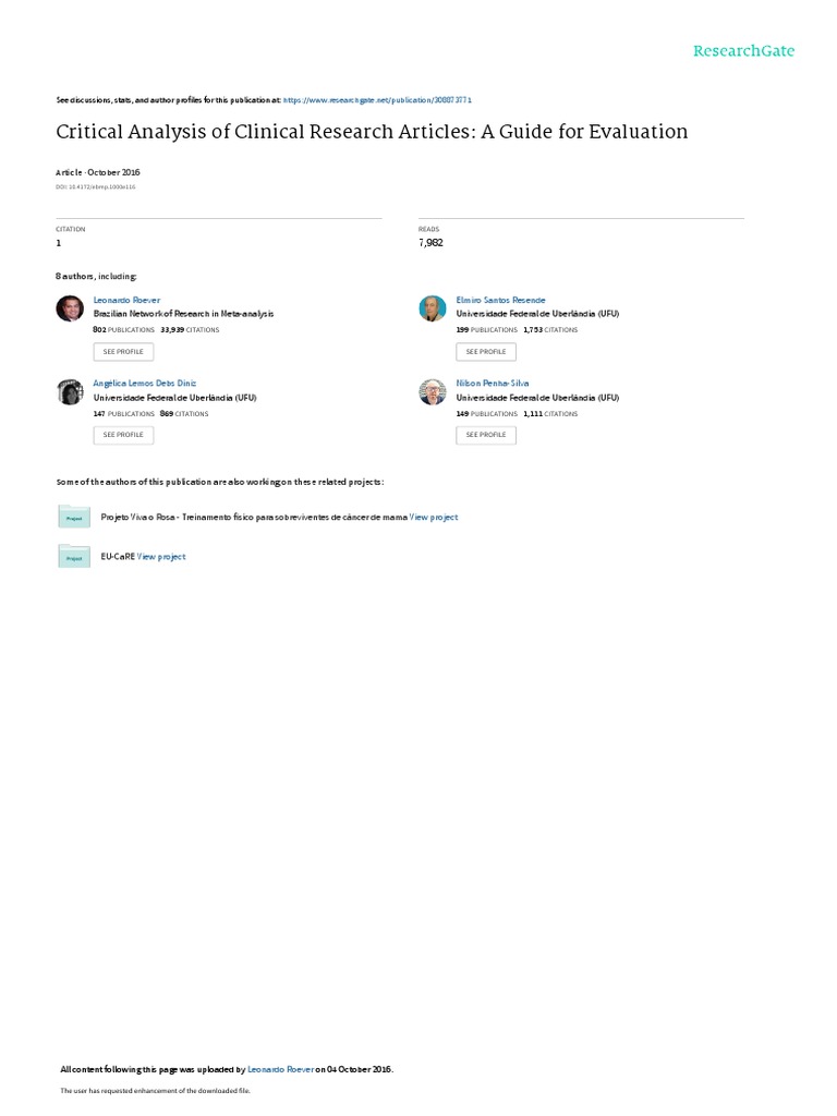Critical Analysis of Clinical Research Articles A Guide For Evaluation ...