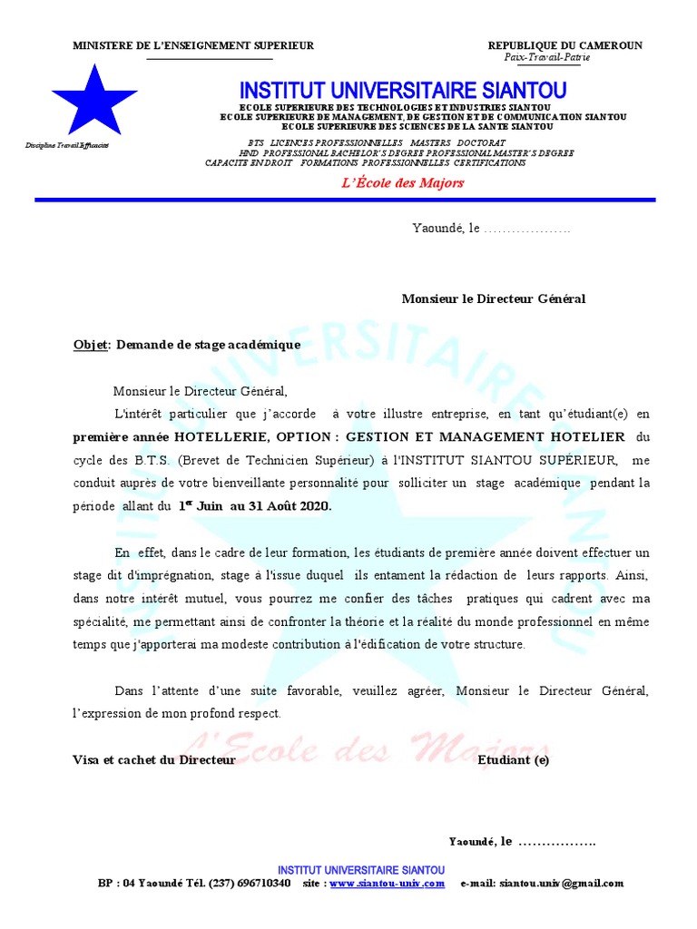 Demande de stage à l'Institut Siantou | PDF | Évolution de carrière