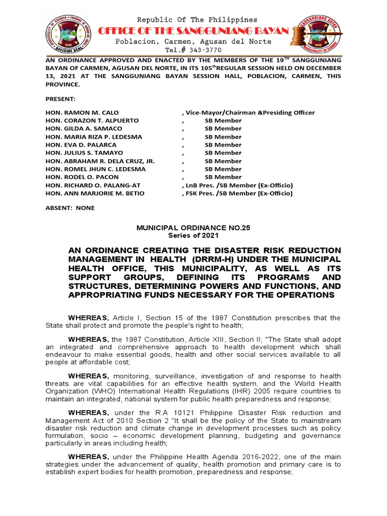 Municipal Ordinance No. 25-2021 DRRM-H | PDF | Emergency | Disaster ...