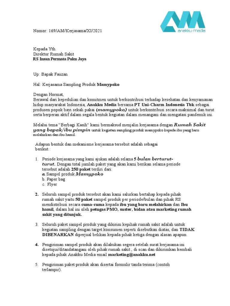 Surat Permohonan Kerjasama Sampling MAMYPOKO DGN RS Insan Permata Paku Jaya | PDF