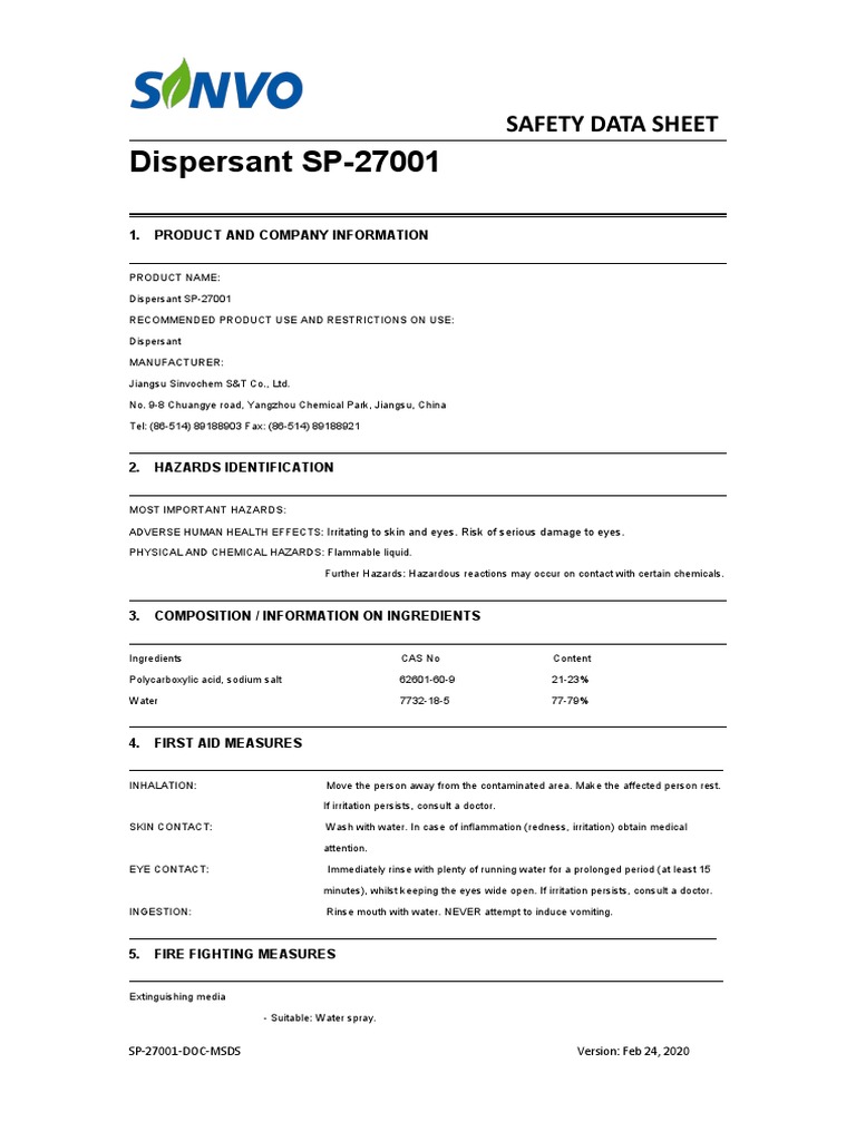 MSDS - Dispersant SP-27001 - 20200224 | PDF | Dangerous Goods ...