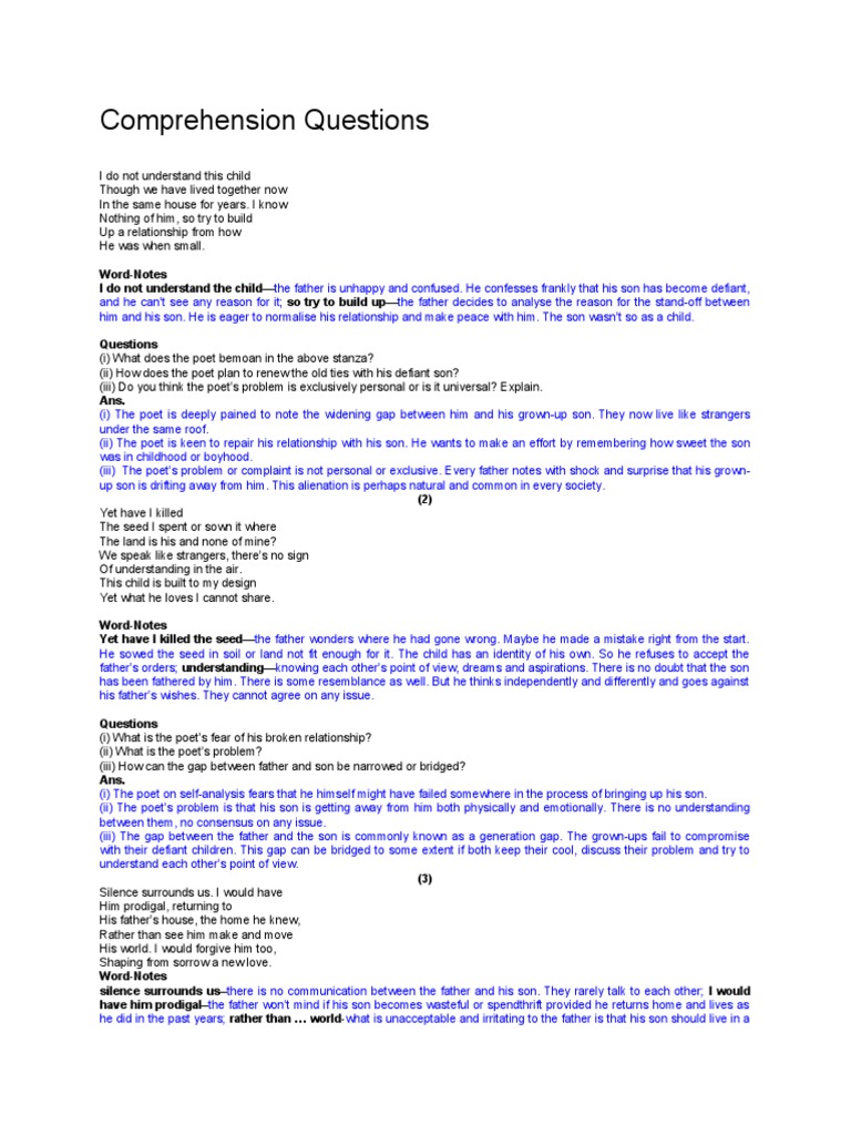 Comprehension Questions ' Father To Son' | PDF