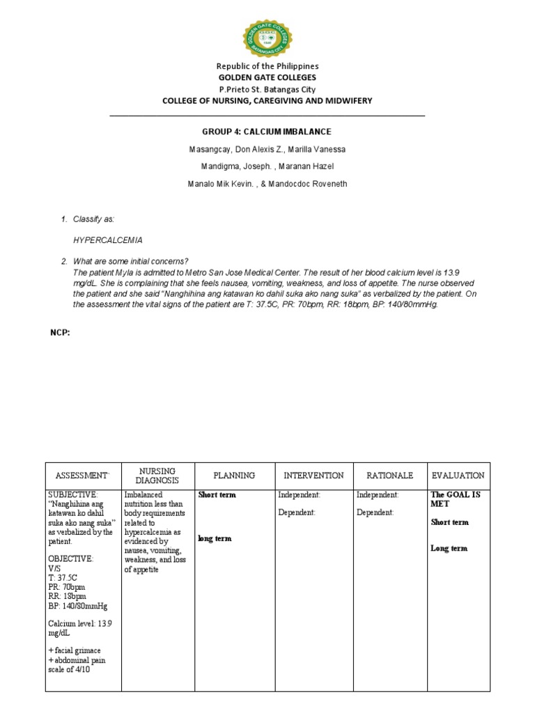 NCP-CALCIUM-IMBALANCE | PDF | Human Diseases And Disorders | Medicine