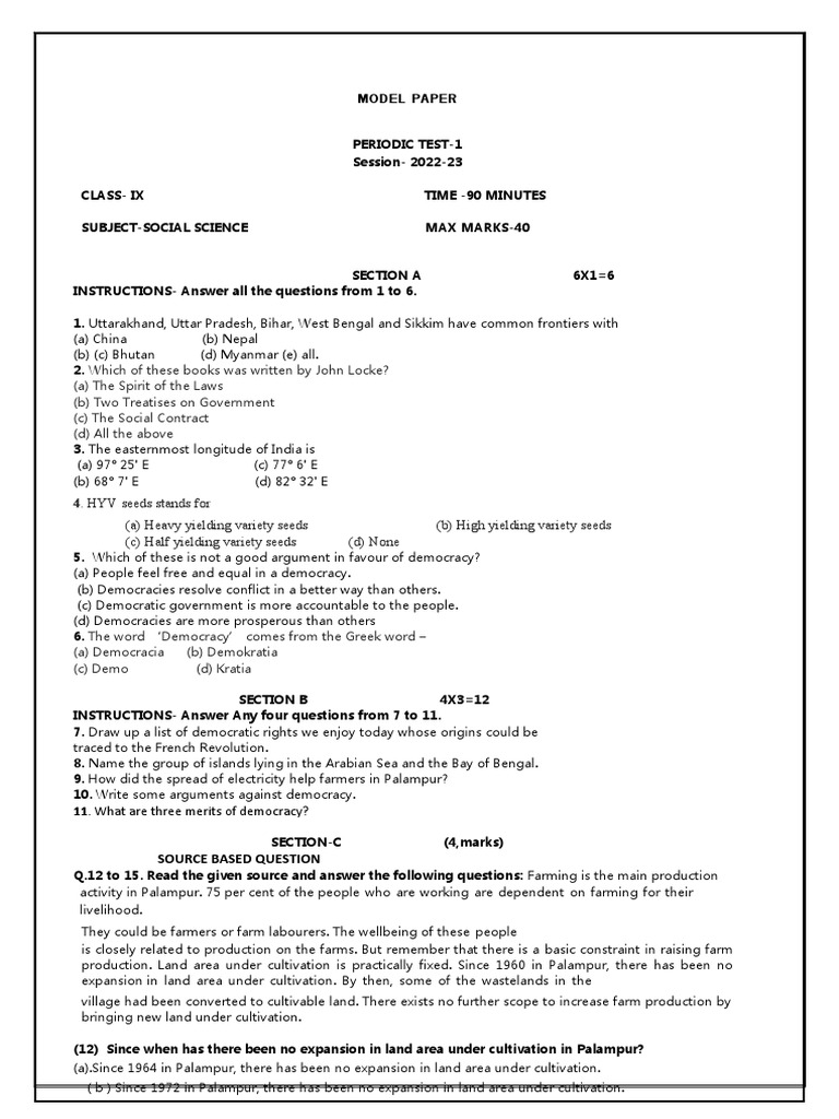 9th SST (SET-1) - PT-1, 2022-23 | PDF | Agriculture | Farms