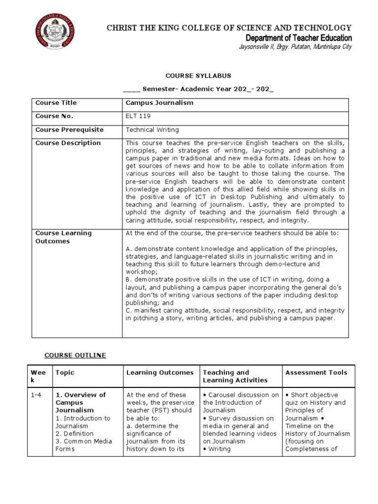 ELT 119 Campus Journalism Syllabus | PDF | Educational Technology ...