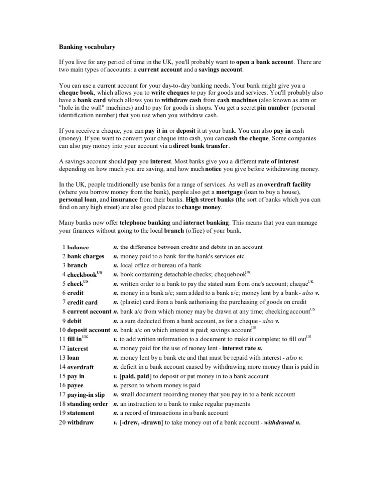 Banking Vocabulary | PDF
