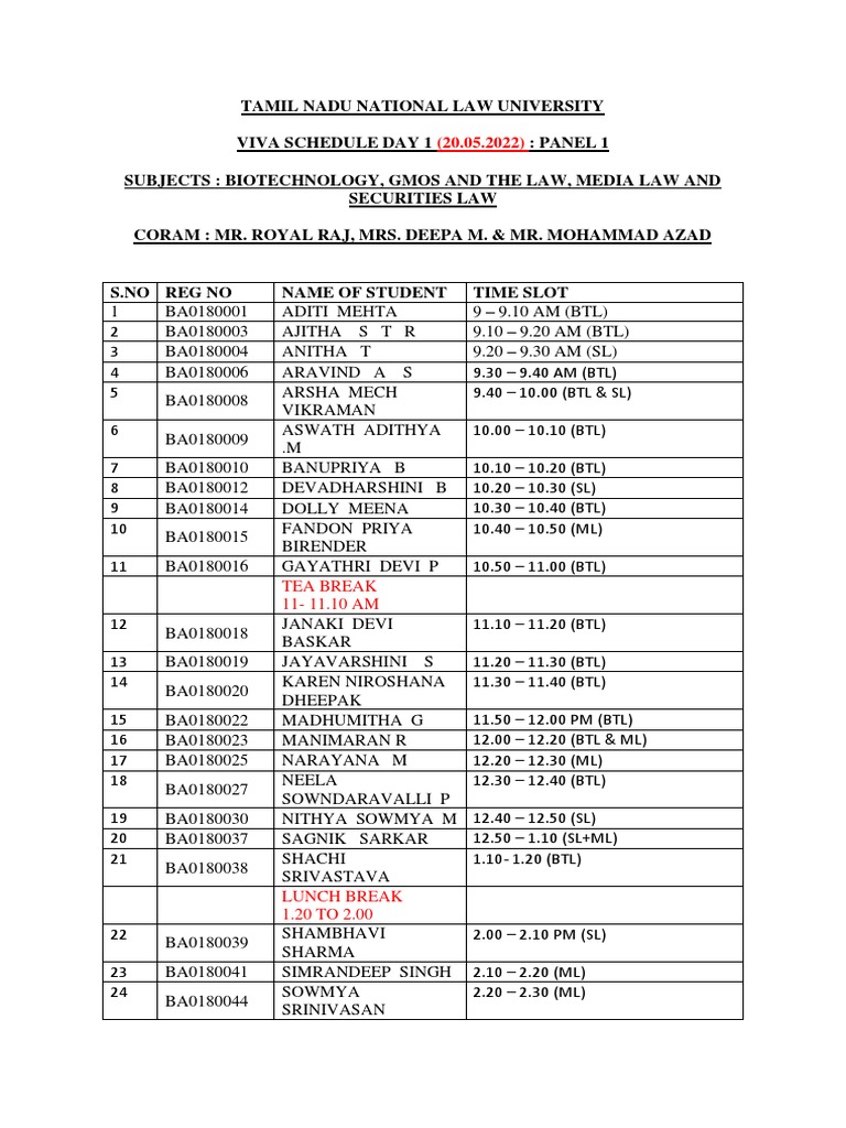 VIVA Schedule for Tamil Nadu Law Students | PDF