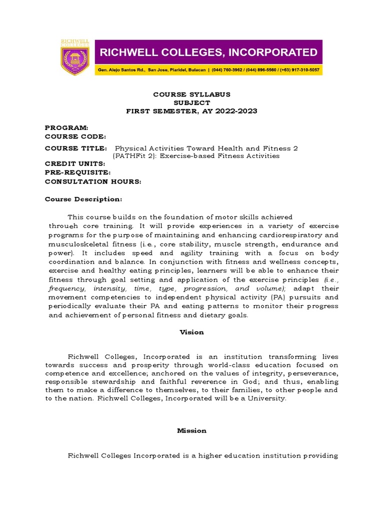 Pe2 Rci-Course-Syllabus (Pathfit 2) | PDF | Physical Fitness | Learning
