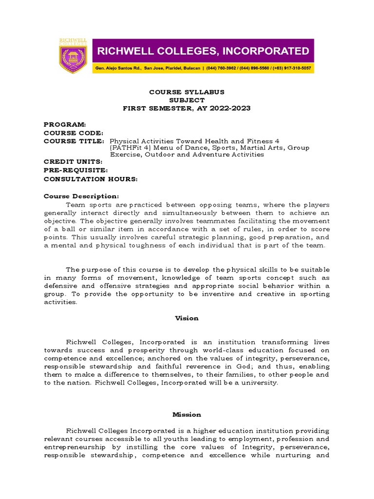 Pe4 Rci-Course-Syllabus (Pathfit 4) | PDF | Volleyball | Referee