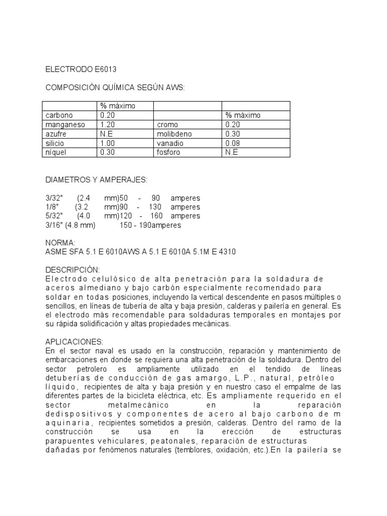 Especificaciones del Electrodo E6013 | PDF | Soldadura | Construcción