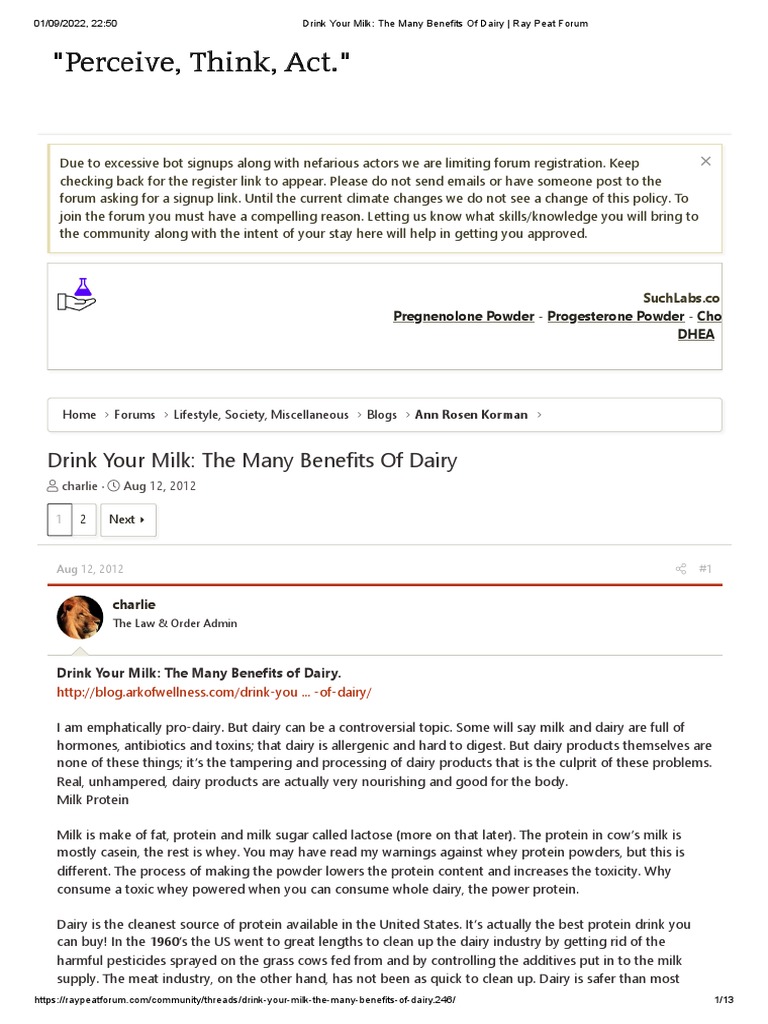 Drink Your Milk - The Many Benefits of Dairy - Ray Peat Forum | PDF ...