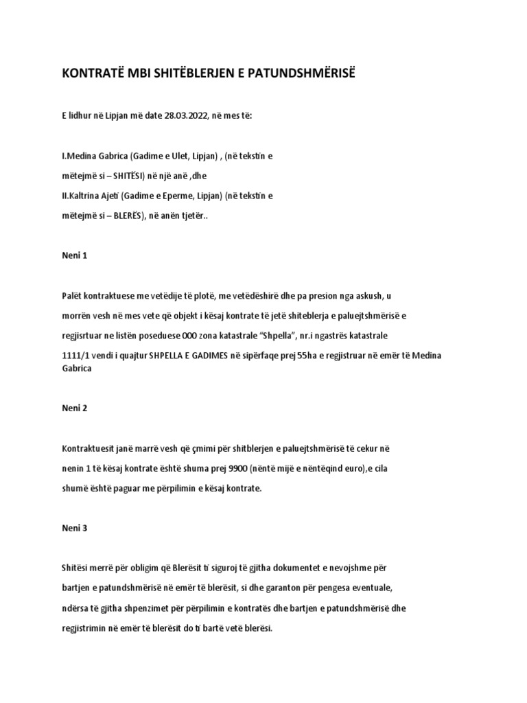 KONTRATË MBI SHITËBLERJEN E PATUNDSHMËRISË | PDF KONTRATË MBI SHITËBLERJEN E PATUNDSHMËRISË | PDF