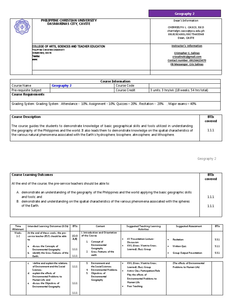 Geography 2 Syllabus - PCU | PDF | Natural Environment | Geography