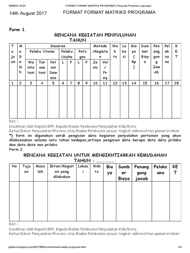 Format Format Matriks Programa - Penyuluh Pertanian Lapangan | PDF