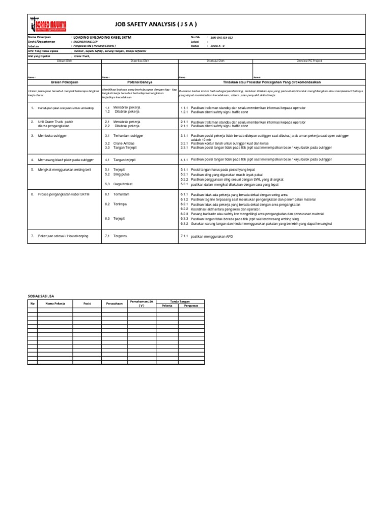 JSA 012 Loading Unloading Kabel SKTM PDF | PDF